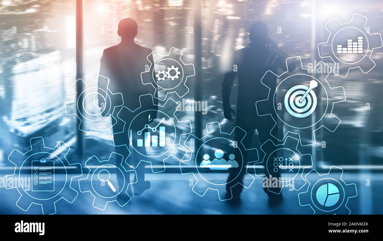 Business process automation concept. Gears and icons on abstract ...
