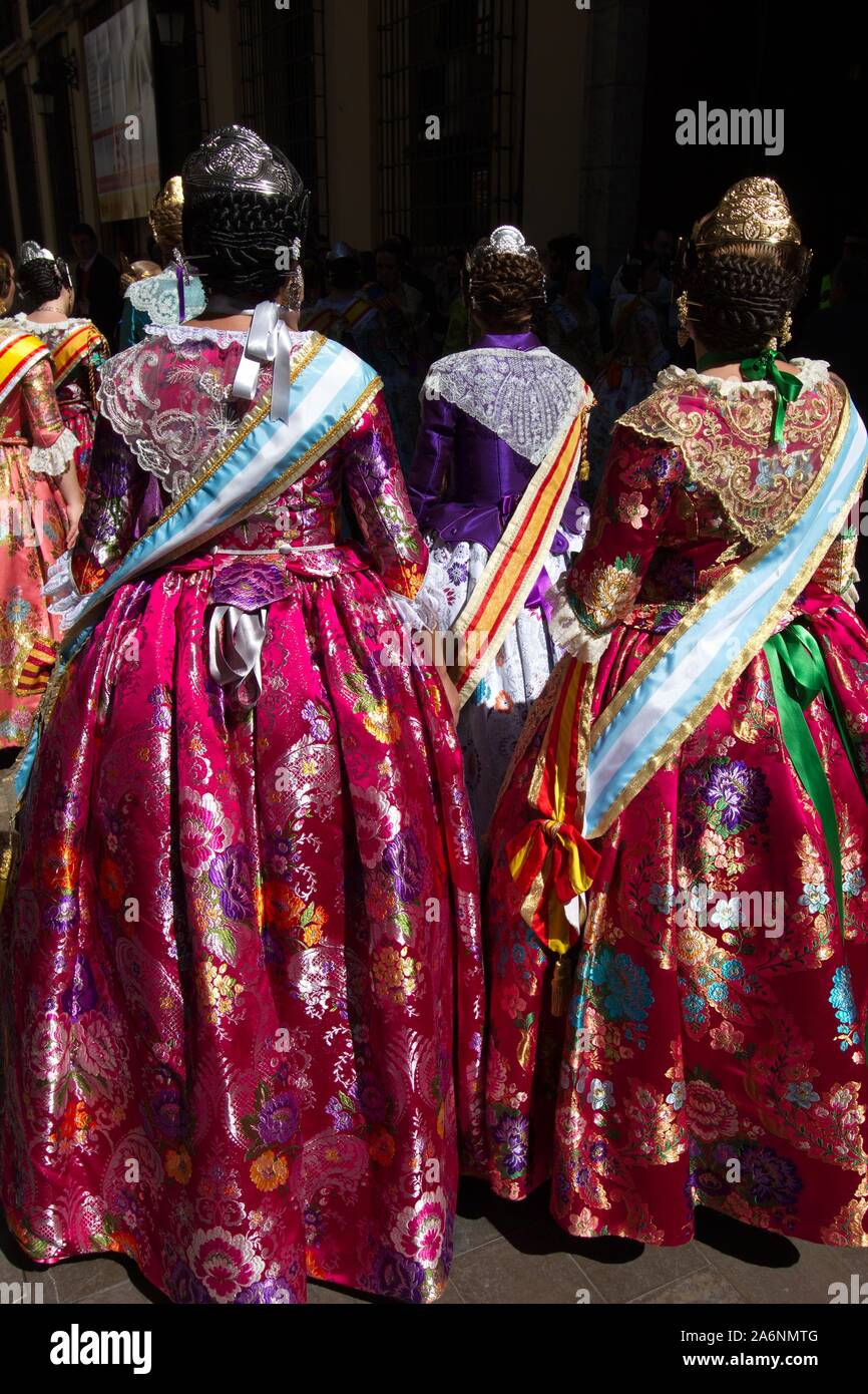 Women in gorgeous traditional dress at Las Fallas festival in Valencia ...
