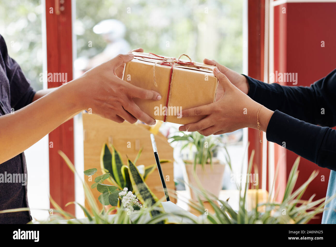 Hands of customer buying wrapped birthday present in flower shop Stock ...