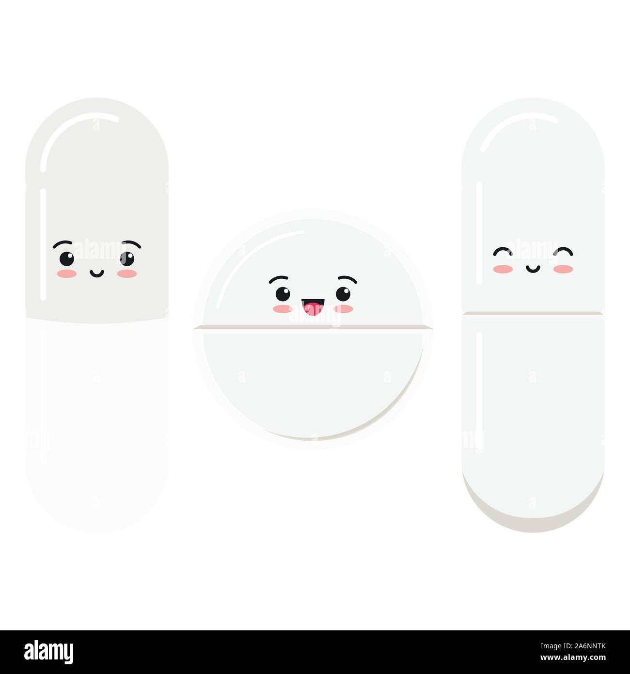 Set of cute happy smiling different form white drug pills and capsule ...