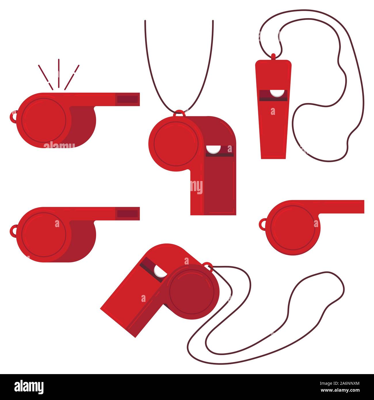 Red plastic sport referee whistle vector icon set isolated on white ...