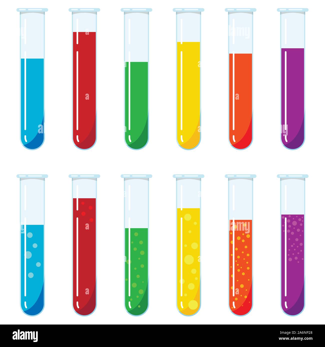 Vector set of glass test tubes with multi-colored liquid reagents with ...