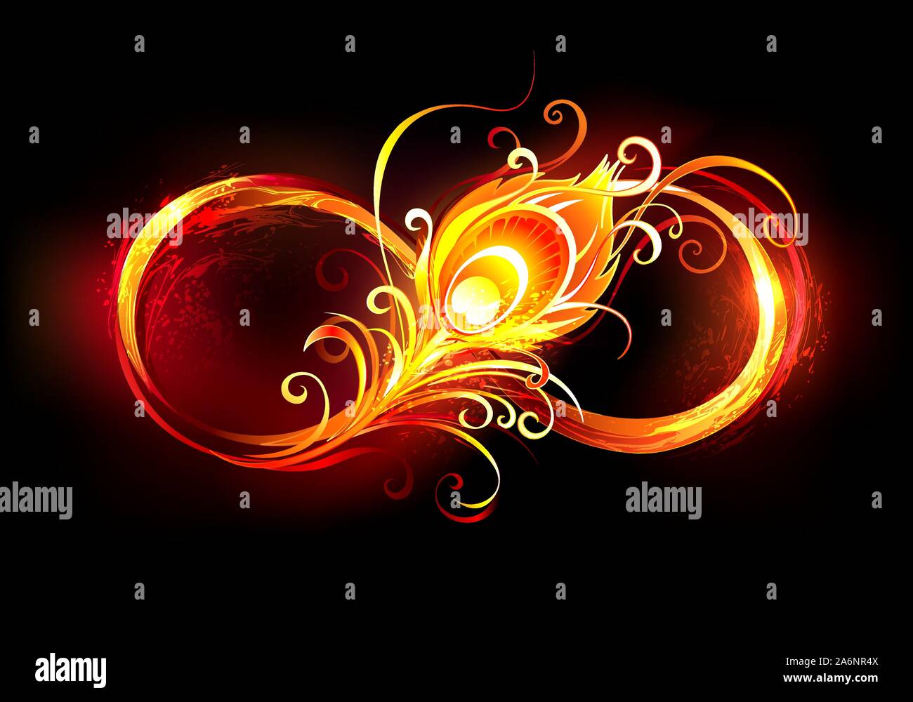 Artistically drawn, fiery symbol of infinity with bright fiery peacock ...