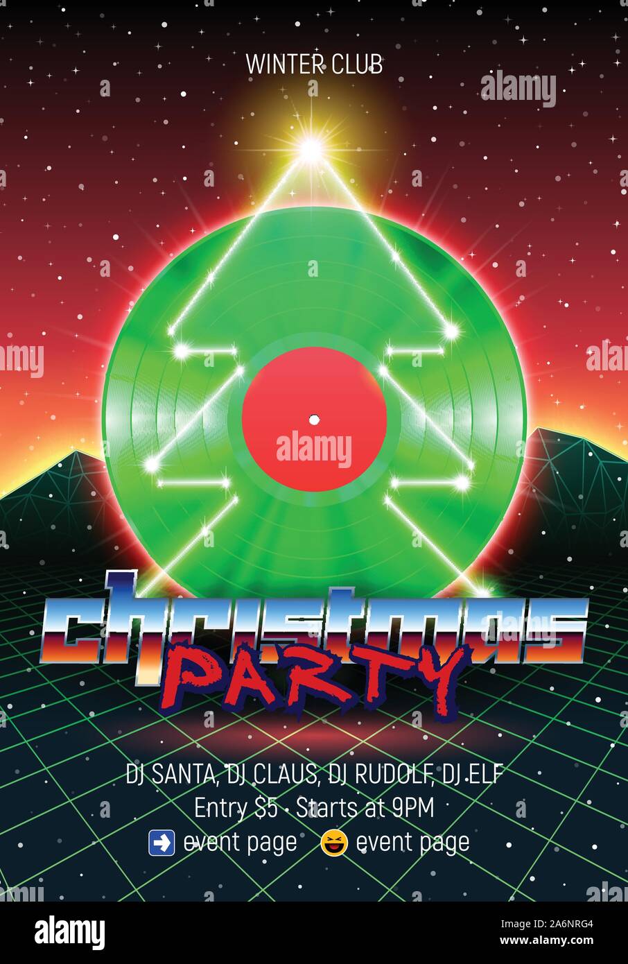Christmas party invitation poster or flyer with 80s neon style and ...
