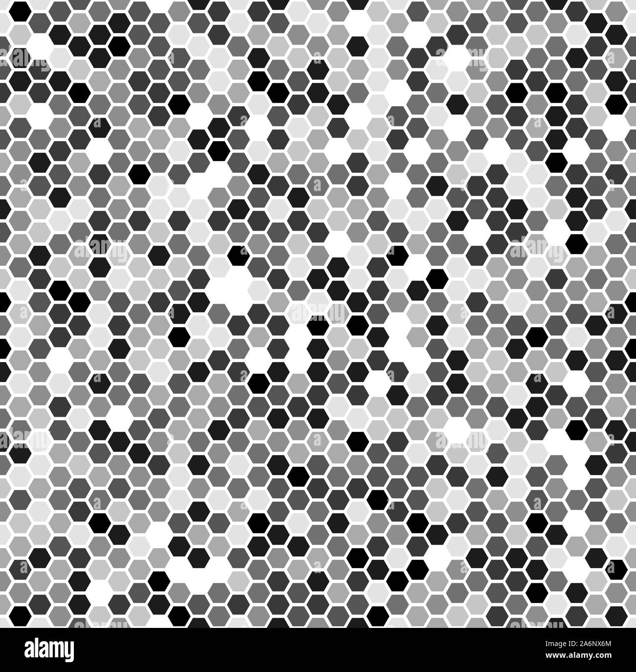 Monochrome seamless honey pattern with halftone hex cells in linear ...