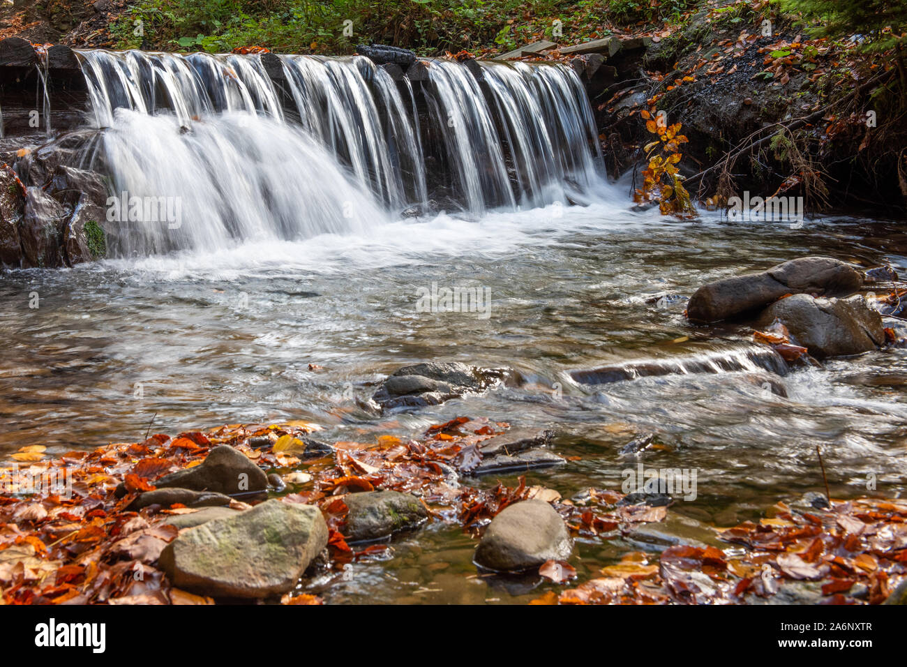 Autumn waterfall with yellow trees foliage and rocks in forest mountain ...