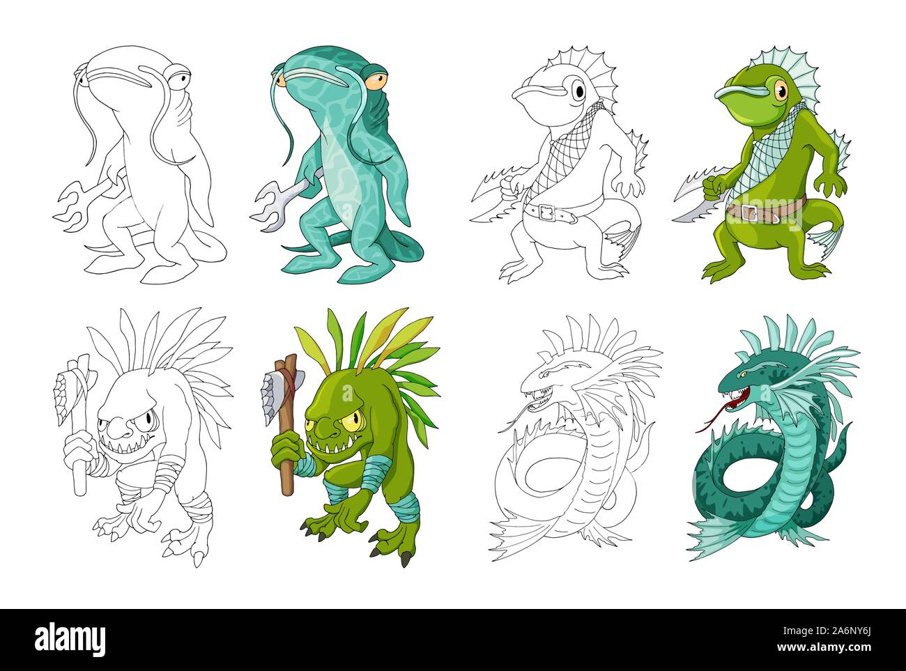 Cartoon monster sea creature characters set. Vector clip art ...