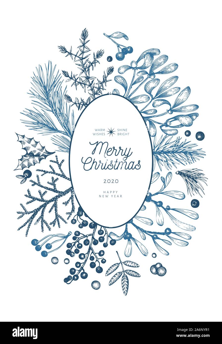 Christmas hand drawn vector greeting card template. Botanical design. Retro style illustration ...