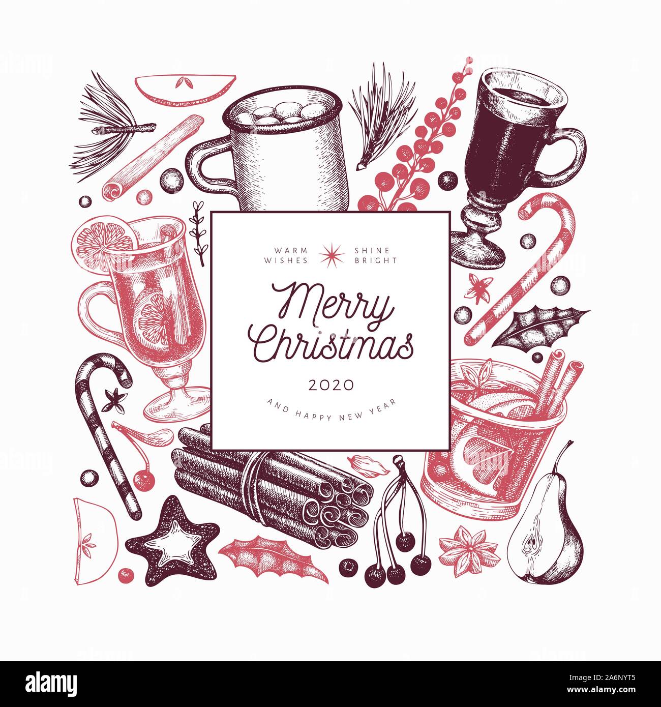 Winter drinks vector design template. Hand drawn engraved style mulled ...