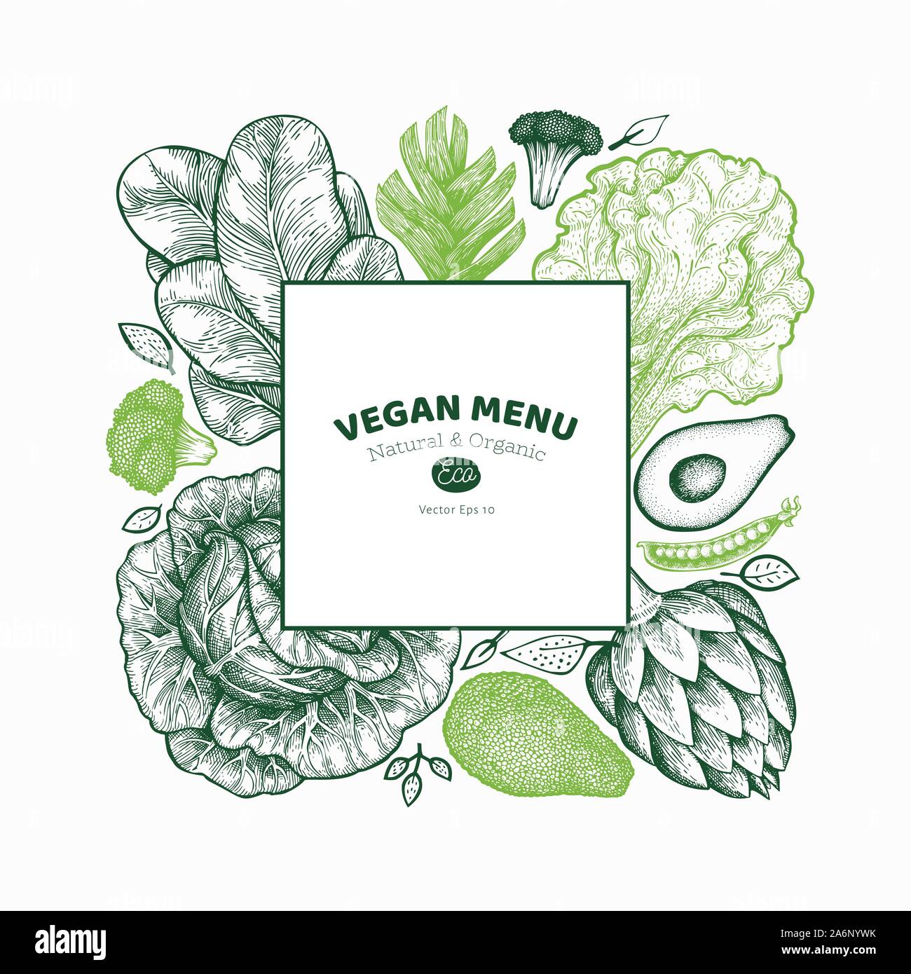 Green vegetable design template. Hand drawn vector food illustration ...