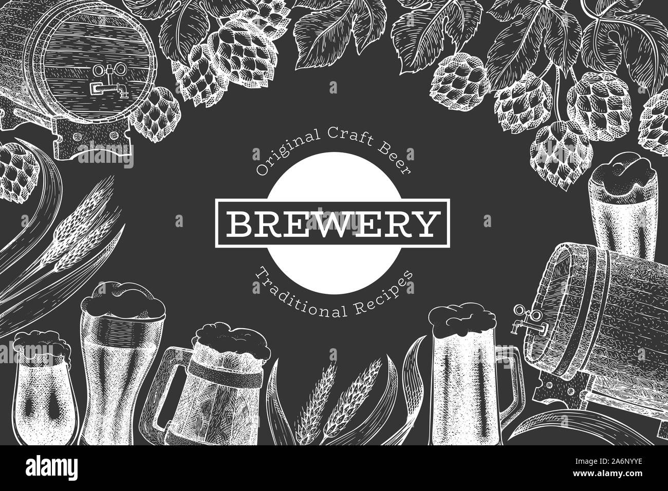 Beer and hop design template. Hand drawn vector brewery illustration on ...