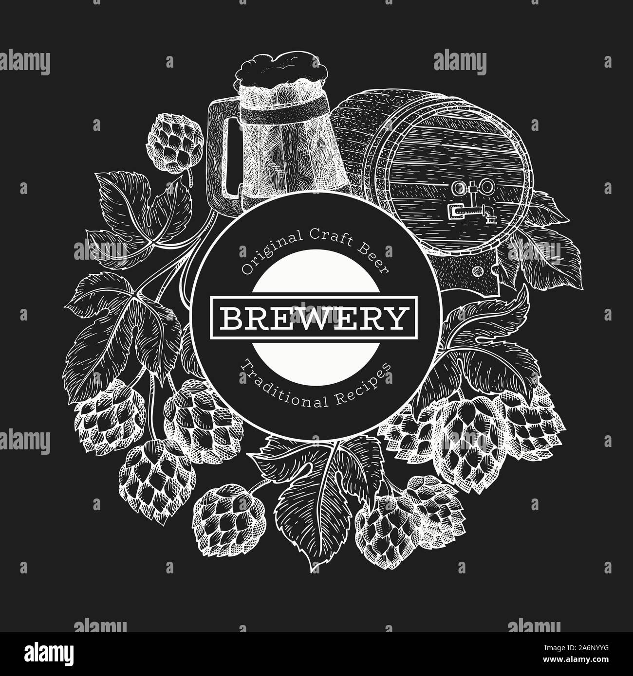 Beer and hop design template. Hand drawn vector brewery illustration on ...