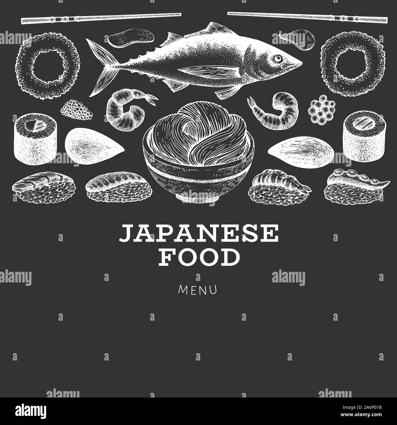 Japanese cuisine design template. Sushi hand drawn vector illustration ...