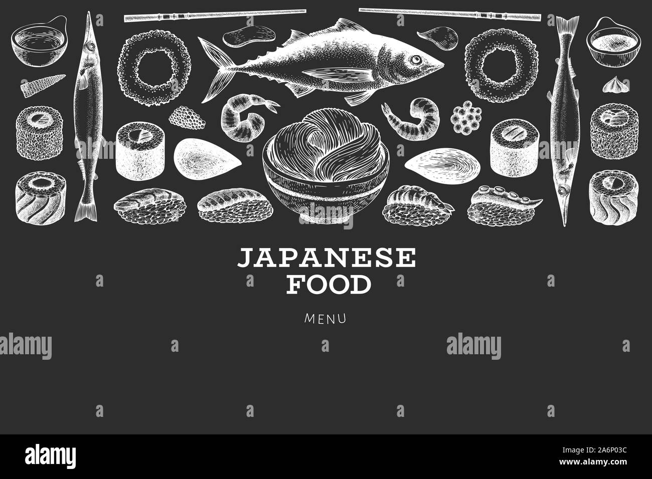 Japanese cuisine design template. Sushi hand drawn vector illustration ...