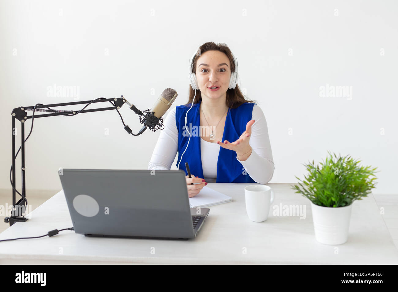 radio, work, people concept - woman dj is working on the radio Stock ...