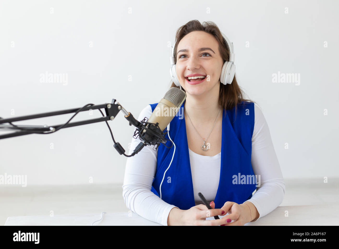 radio, work, people concept - woman dj is working on the radio Stock ...