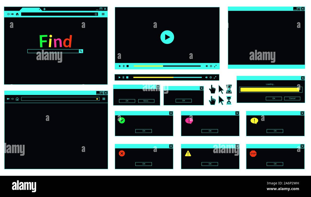 Neon colored web browser window, error message, video player, computer cursors Stock Vector ...