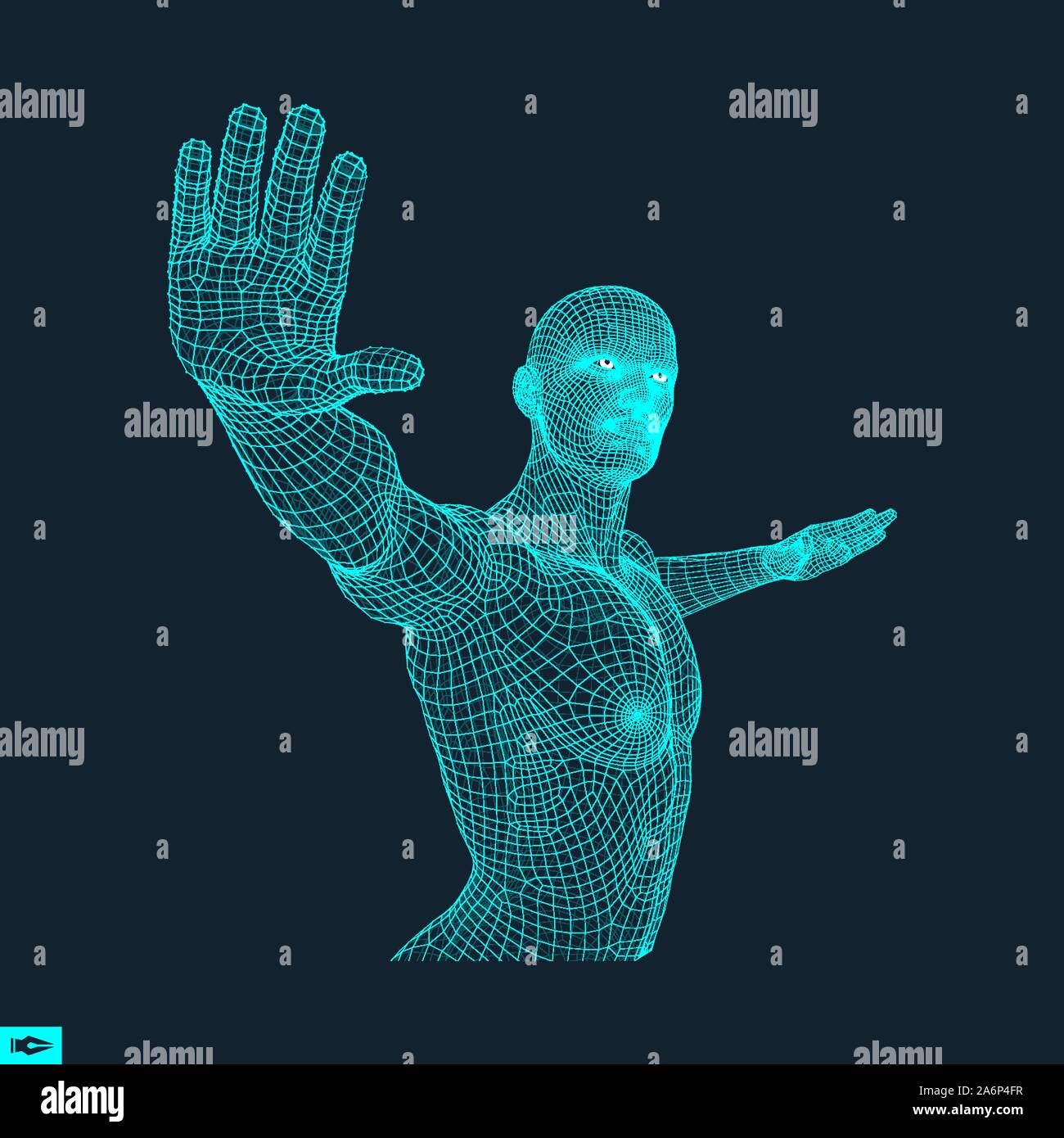 Vector man with hand up to stop. Human showing stop gesture. 3D model ...