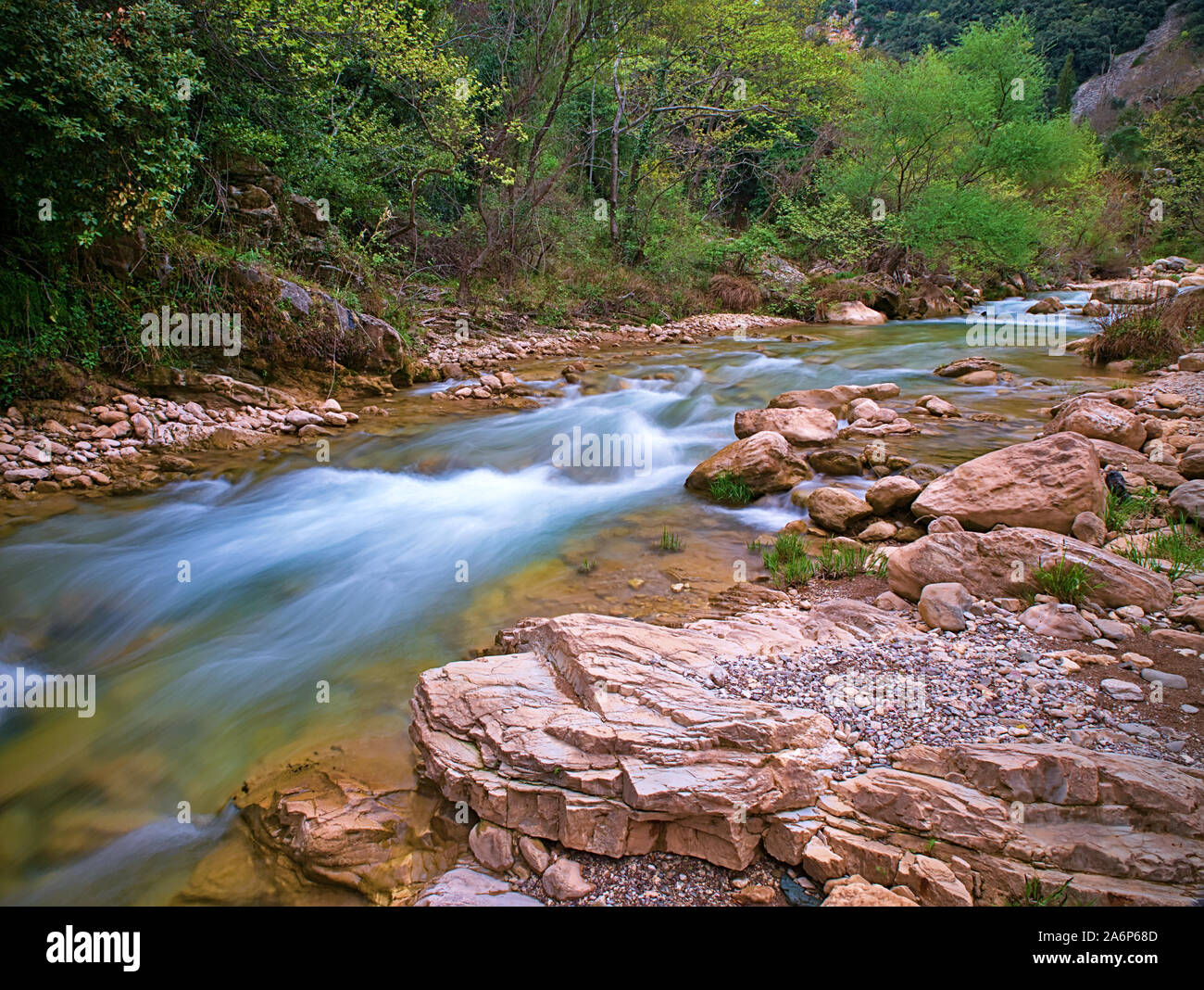 Water flow and rocks in Neda river, Peloponnese, Greece. Idyllic ...