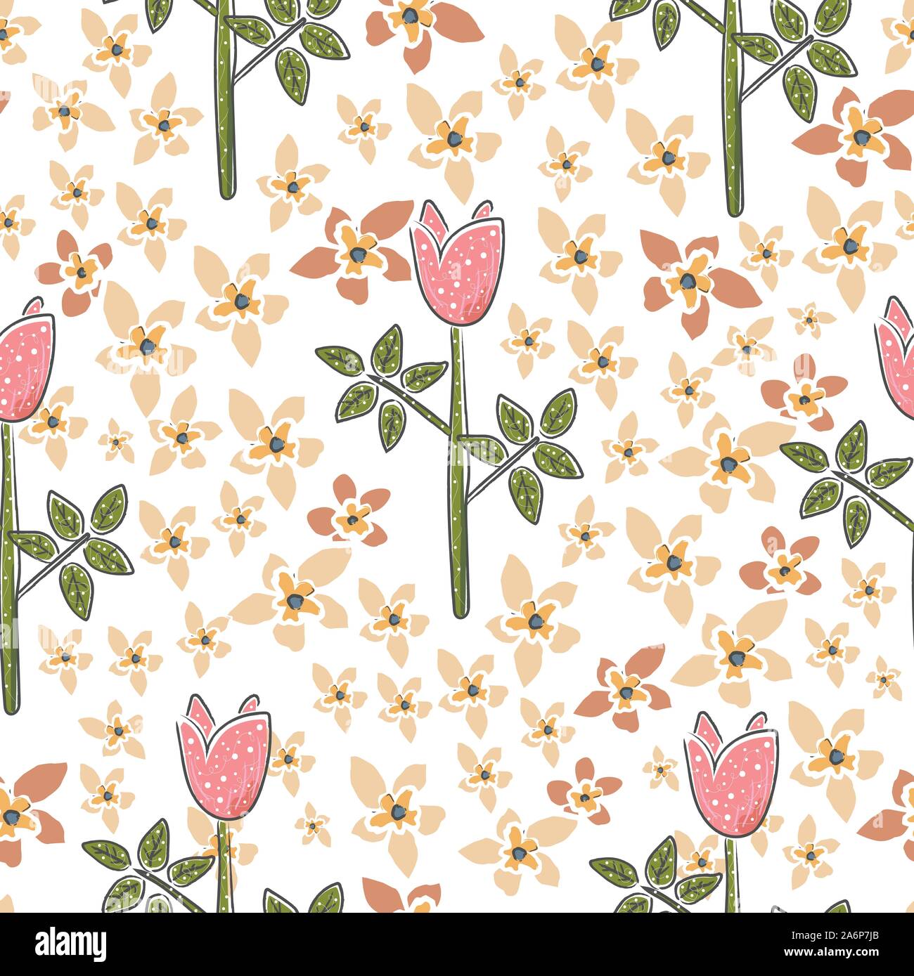 Seamless Pattern with Hand Drawn Elegant Flowers. Scandinavian Hand ...