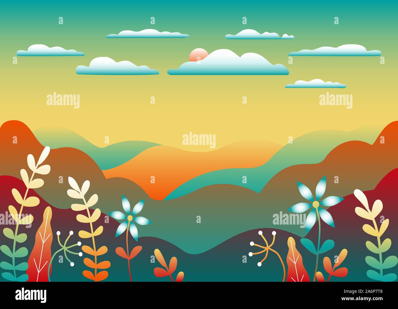 Countryside landscape. Beautiful nature with mountains, hills, field ...