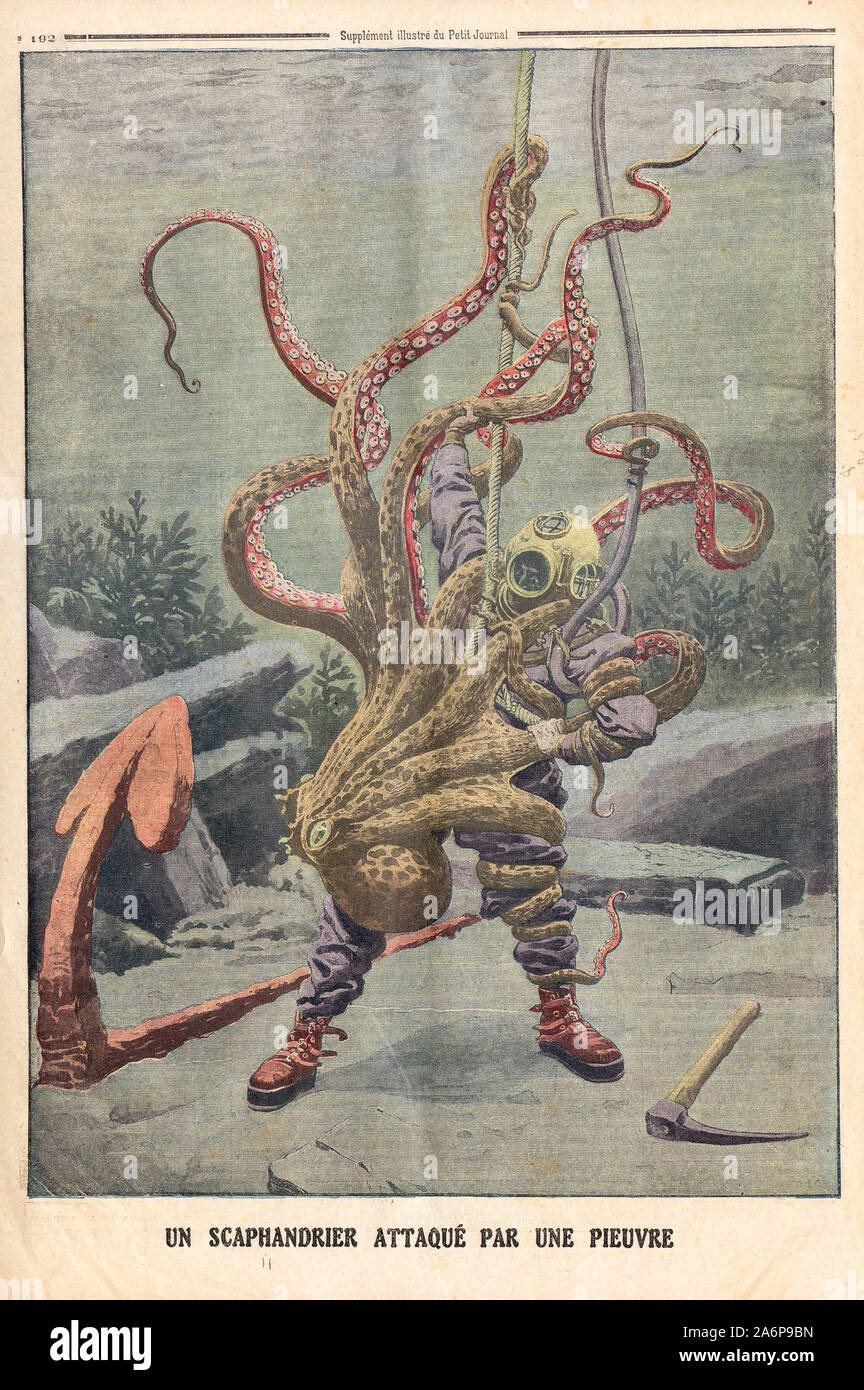 UN SCAPHANDRIER ATTAQUE PAR UNE PIEUVRE - A SCAPHANDRIER ATTACKED BY A ...
