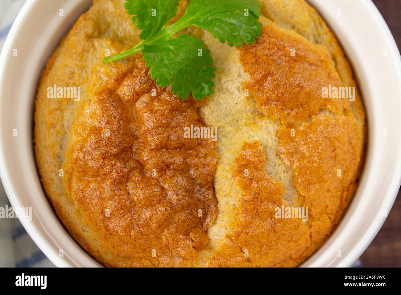 Baked egg omelet with crisp. Close-up top view, roasted crusty egg ...