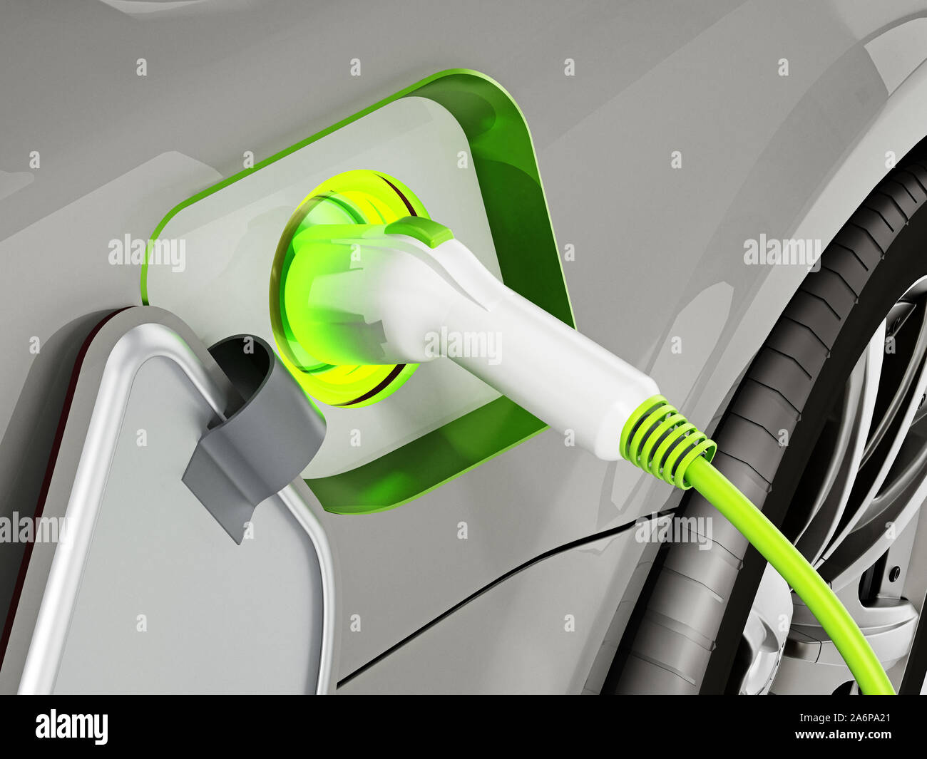 Plug-in hybrid or electric car being recharged. 3D illustration Stock ...