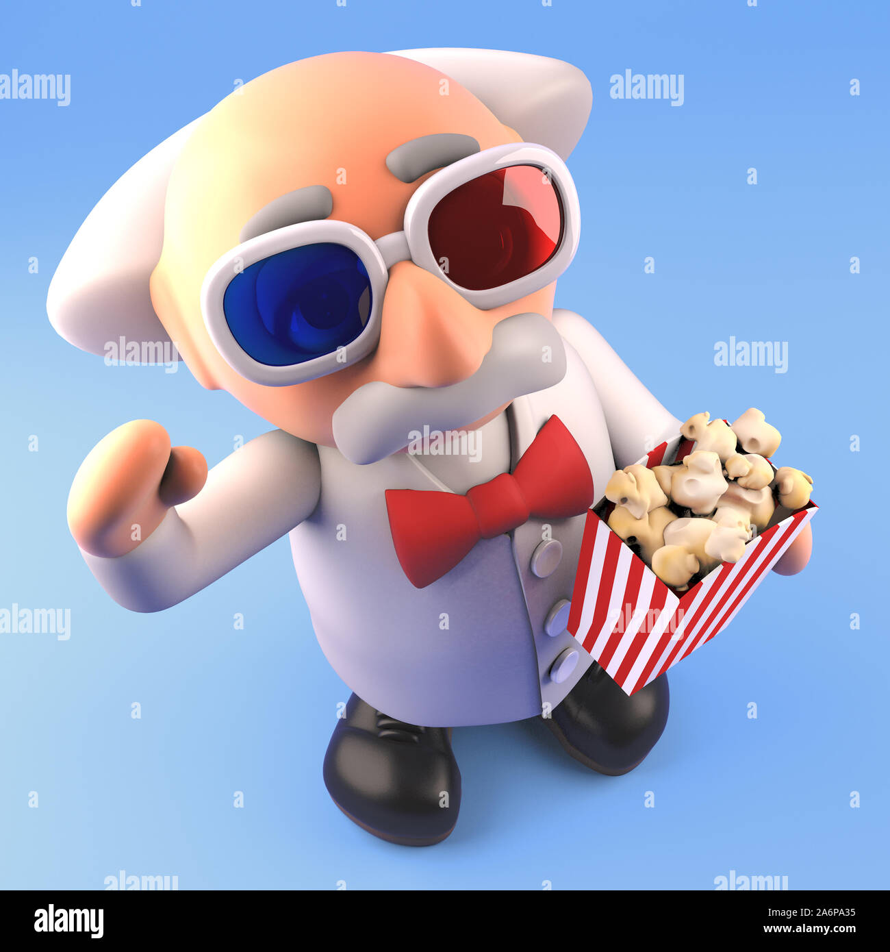 Cartoon mad scientist professor at the movies in 3d glasses and eating ...