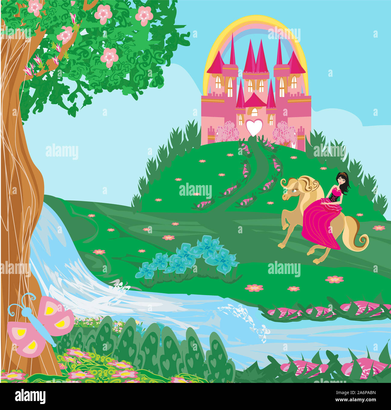 Princess riding a horse into the castle Stock Photo - Alamy