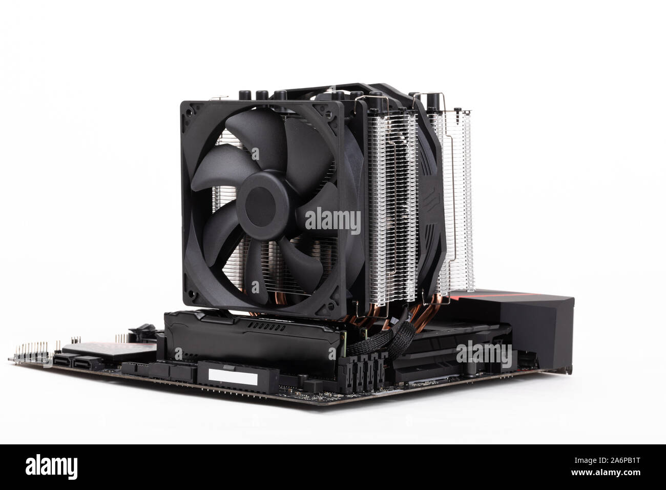 heart of gaming PC mainboard with installed CPU and Cooler with heat ...