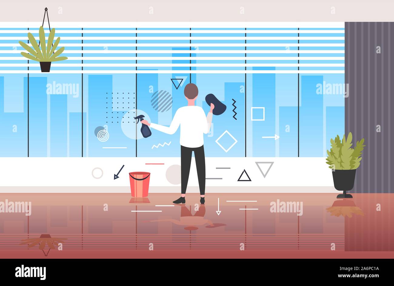 man cleaner using rag and spray male janitor cleaning windows modern ...