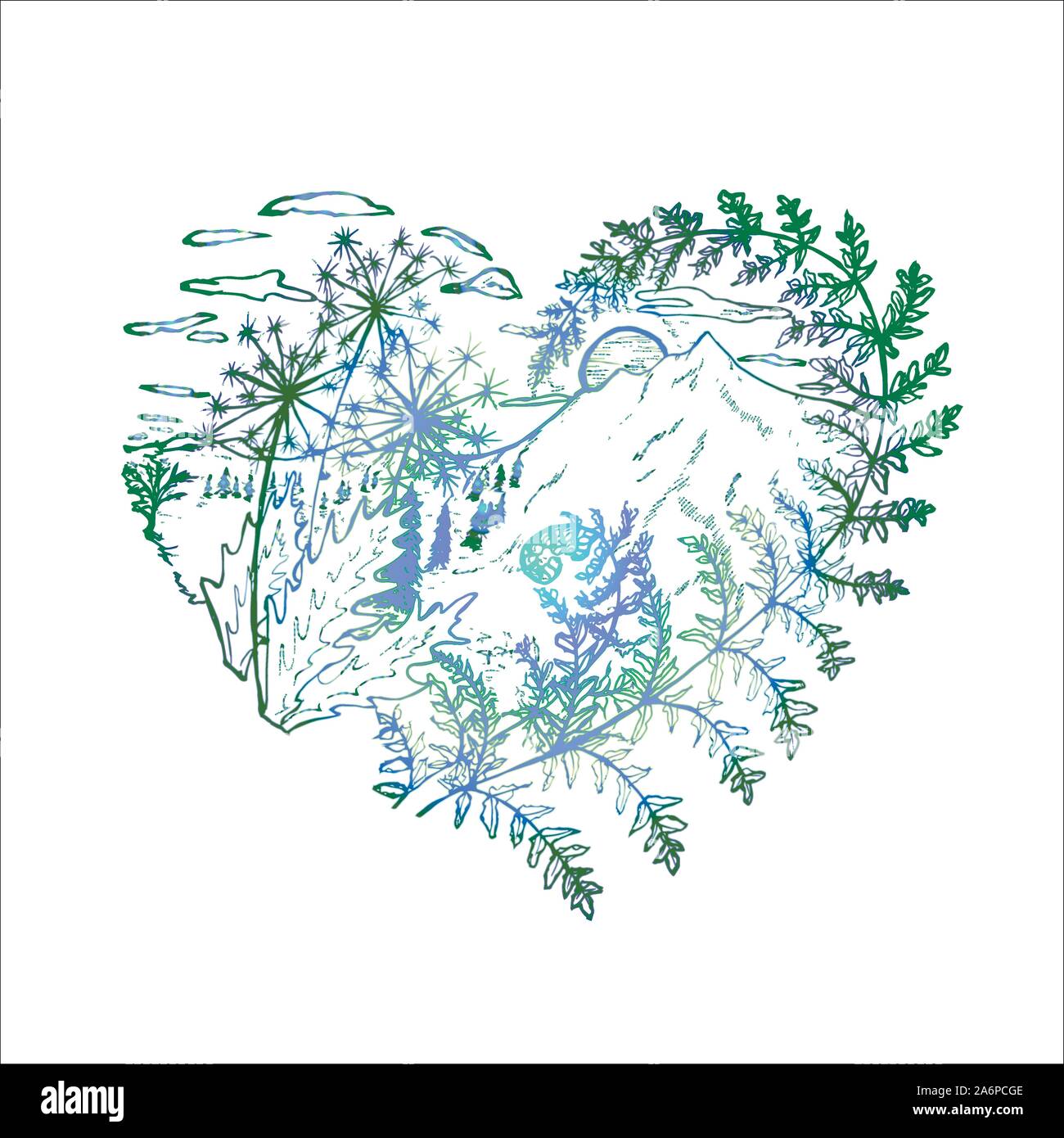 Neon drawing of the heart, in which dandelions, fern, sunset, mountains ...