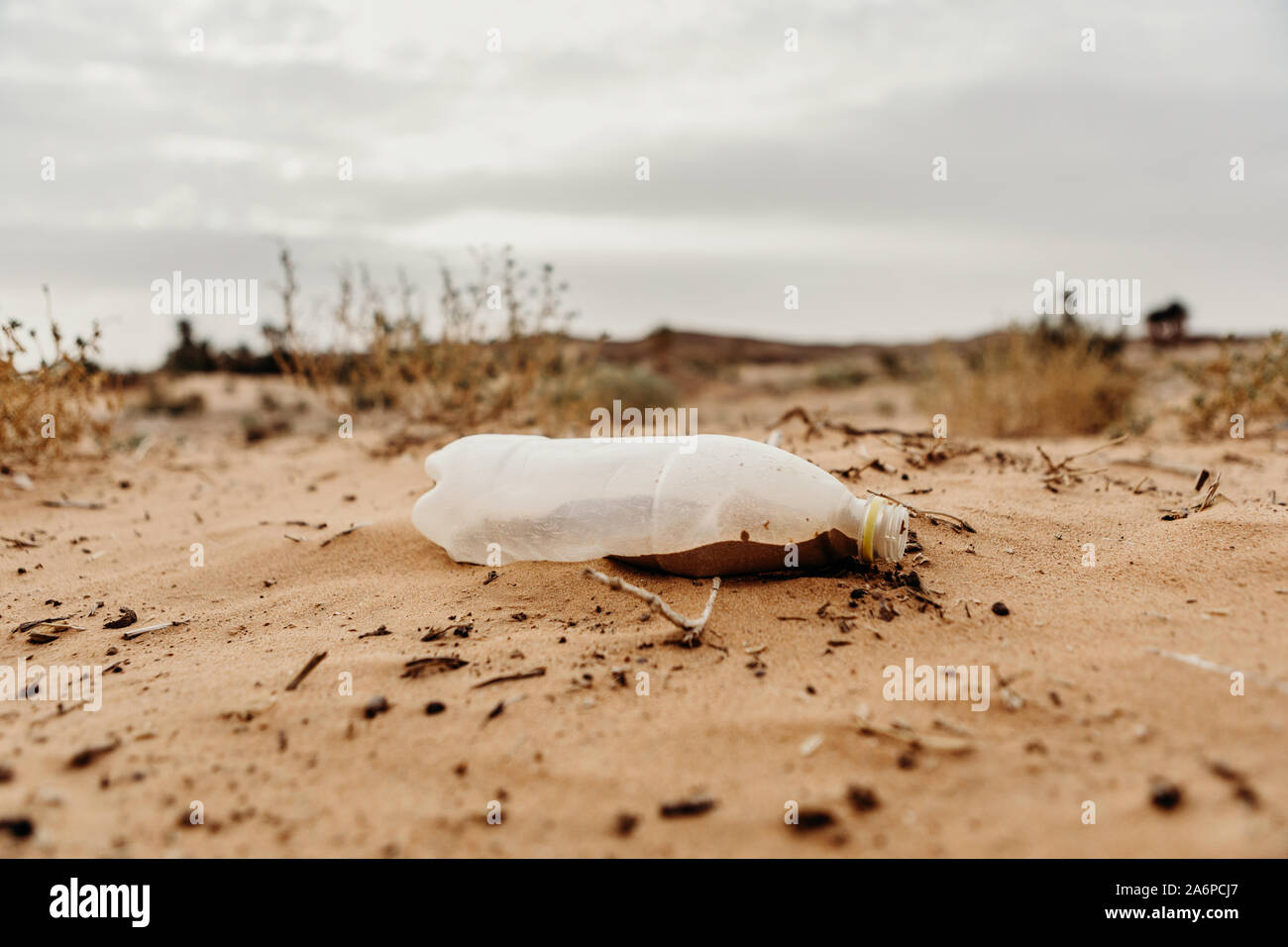Plastic bottle abandoned in the sand. Contamination Stock Photo - Alamy