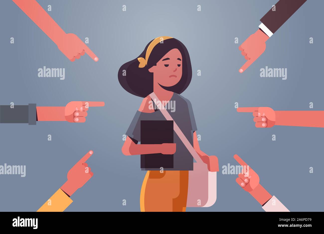 depressed girl student being bullied surrounded by hands fingers ...