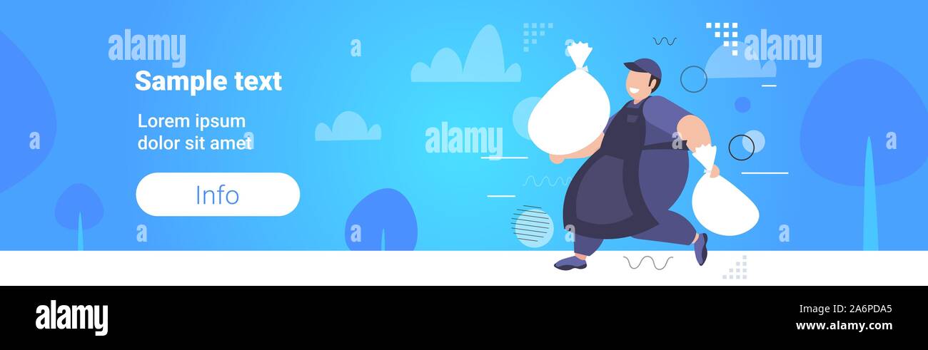 female fat street cleaner carrying garbage packages overweight janitor ...