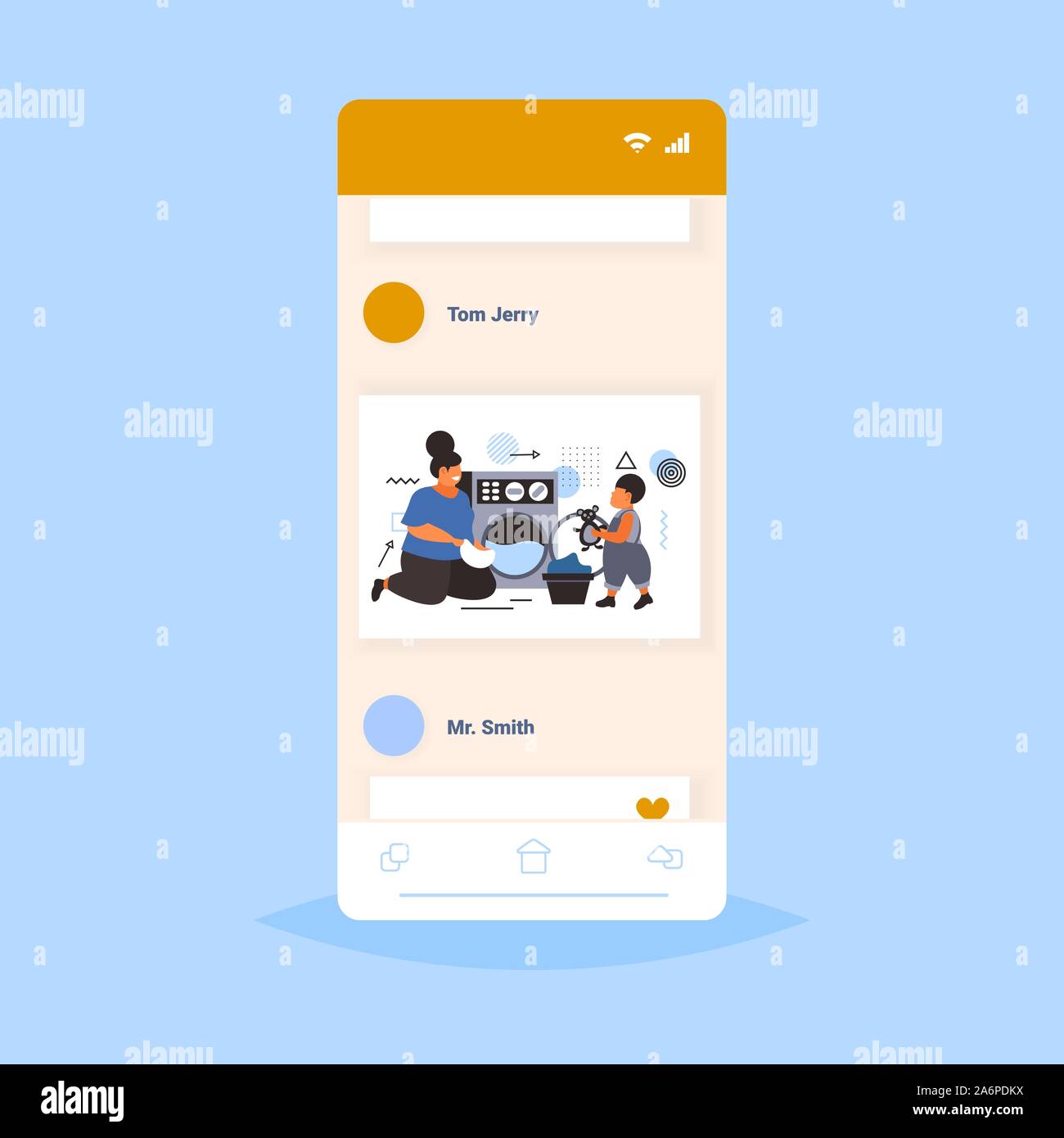 family doing housework mother with son loading clothes in washing ...