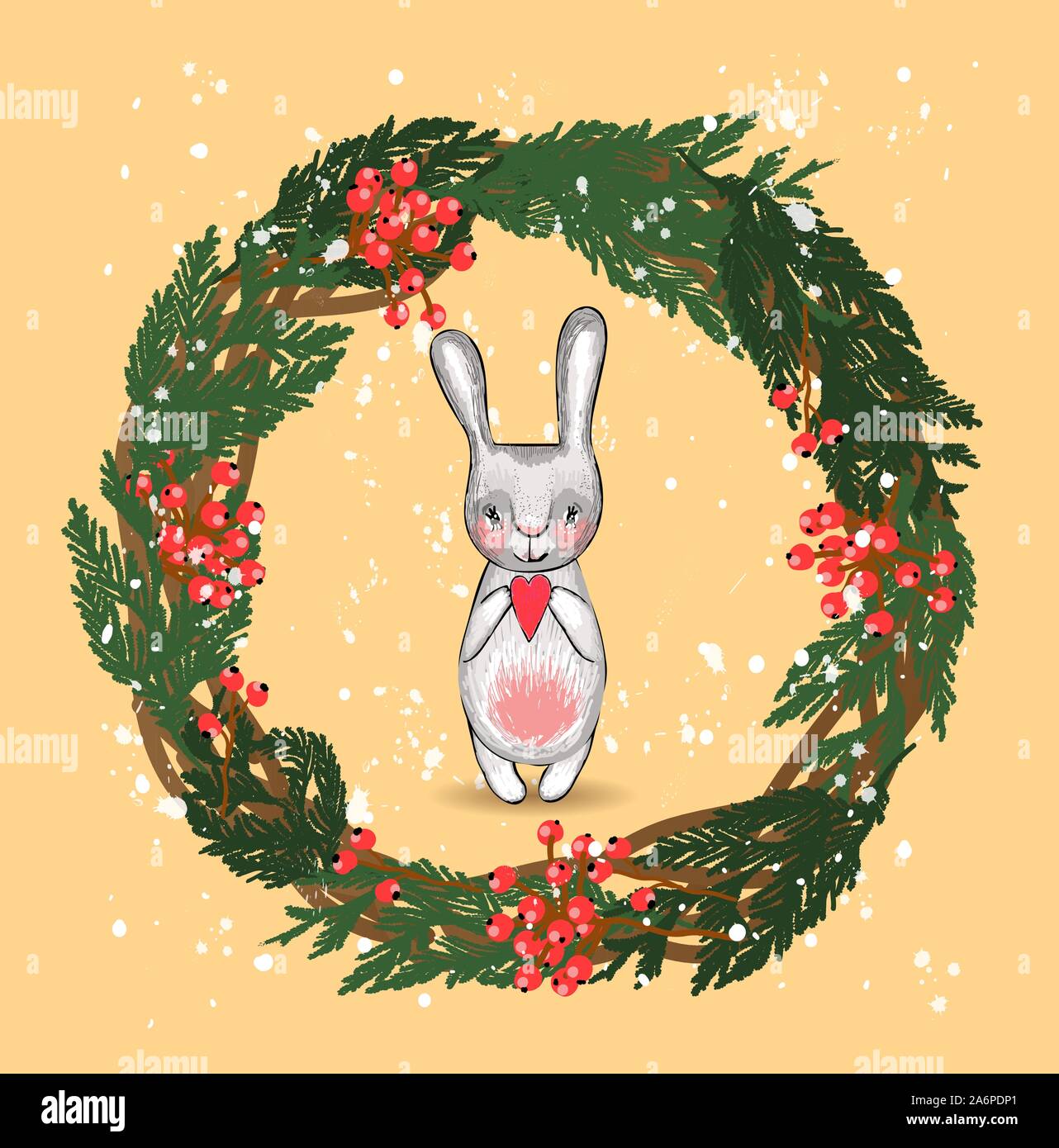Christmas wreath. Vector illustration. New Year's hare. Coniferous ...