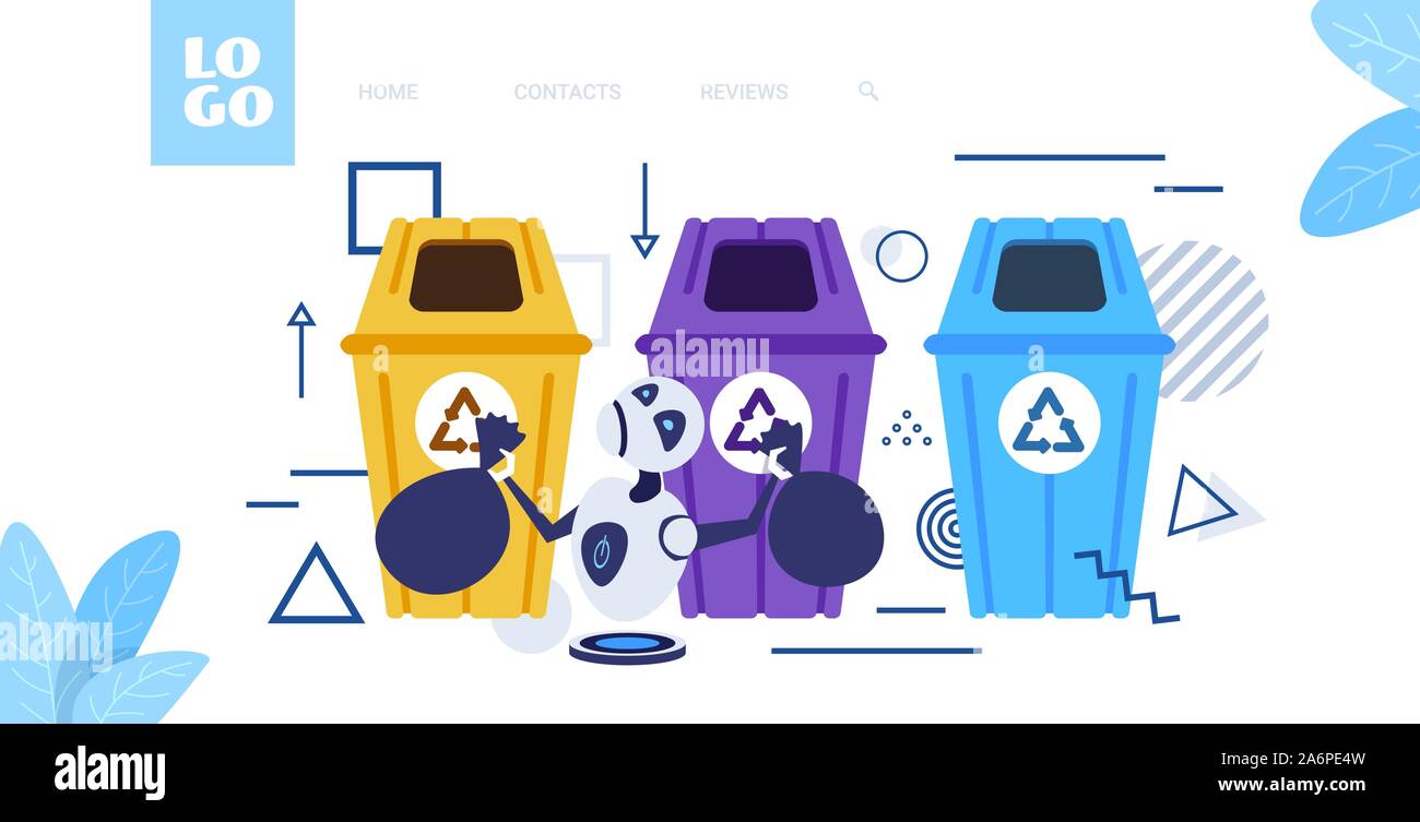 modern robot putting garbage bags in different types of recycling bins ...