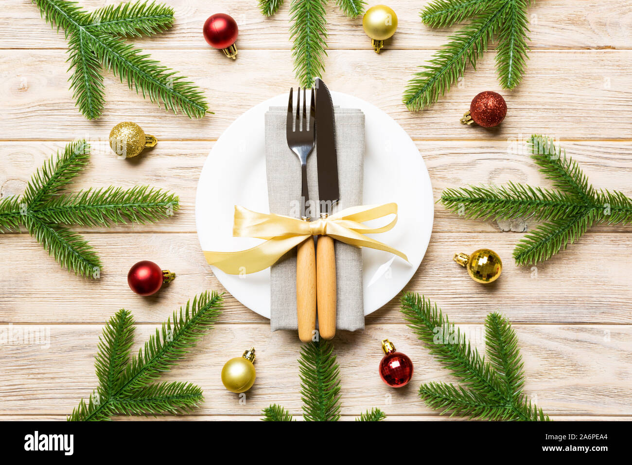 Top view of New Year dinner on festive wooden background. Composition ...