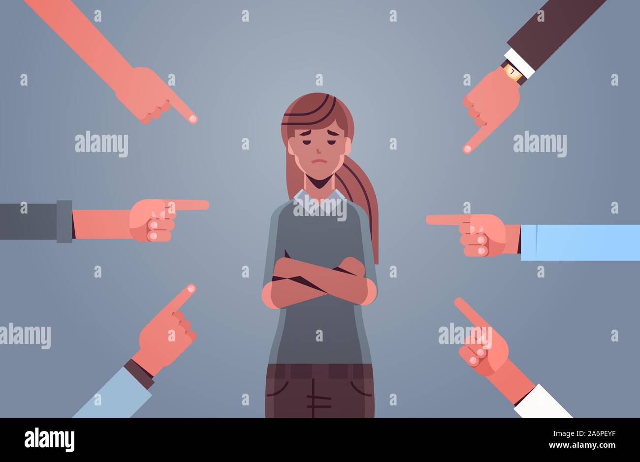 depressed girl teenager being bullied surrounded by hands fingers ...