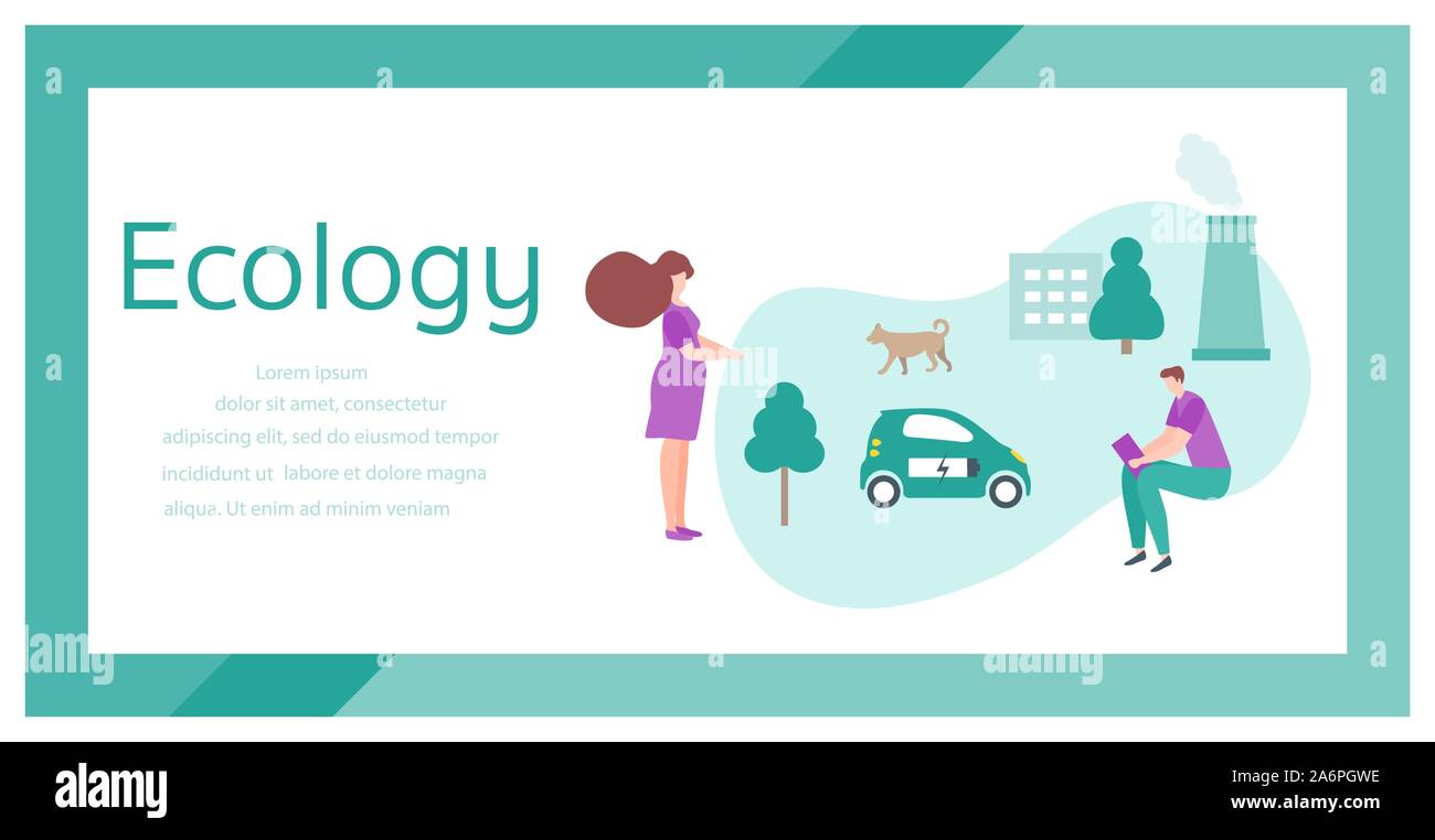 Vector illustration with people and eco-friendly industry factory, car ...