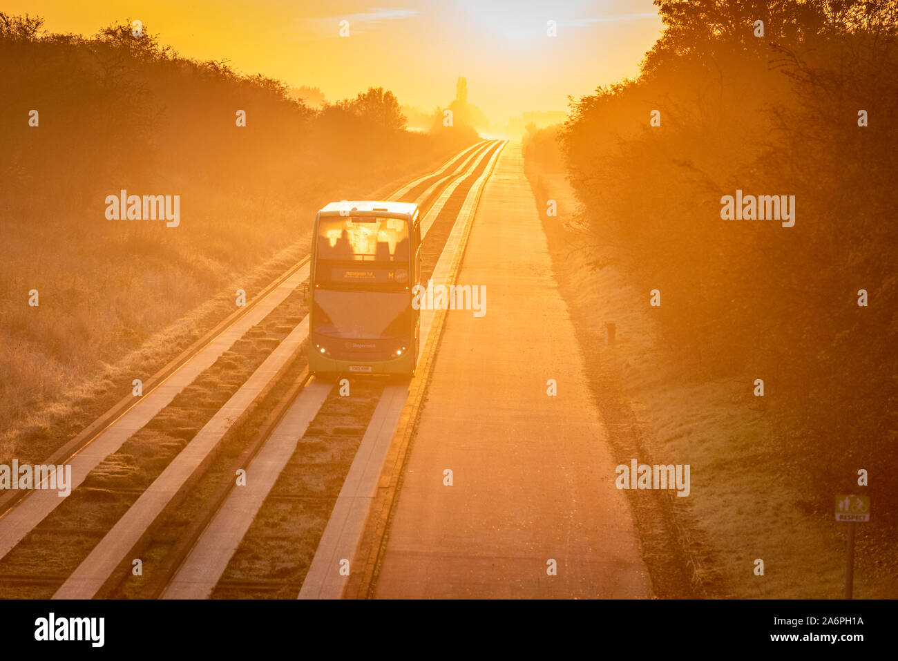 Over, Cambridgeshire UK 28th October 2019. Buses head towards St Ives ...