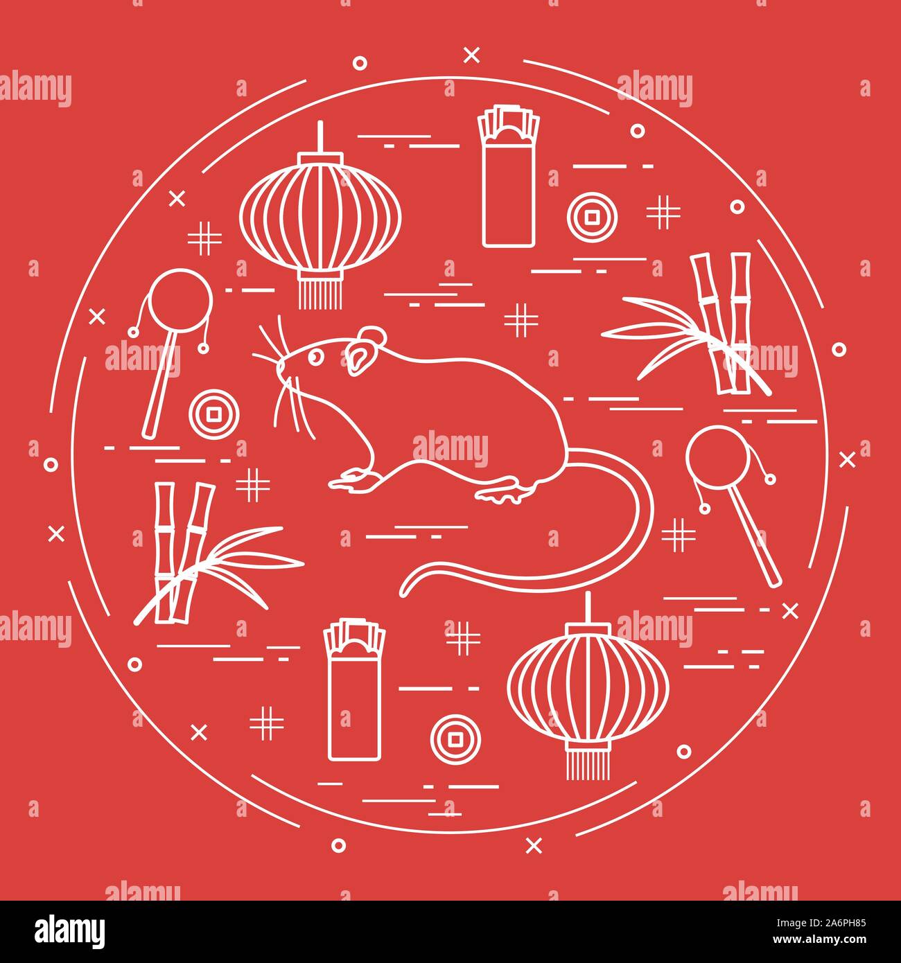 Happy new year. Vector illustration rat, bamboo, Chinese lantern, coin ...