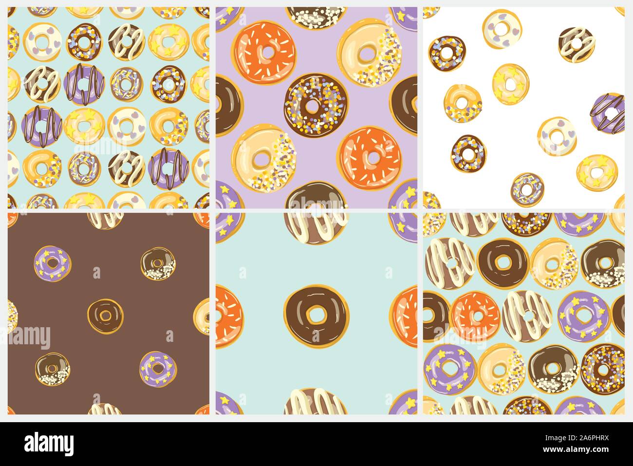 Glazed Donuts seamless pattern set. Bakery Vector illustrations. Top View doughnuts Stock Vector ...