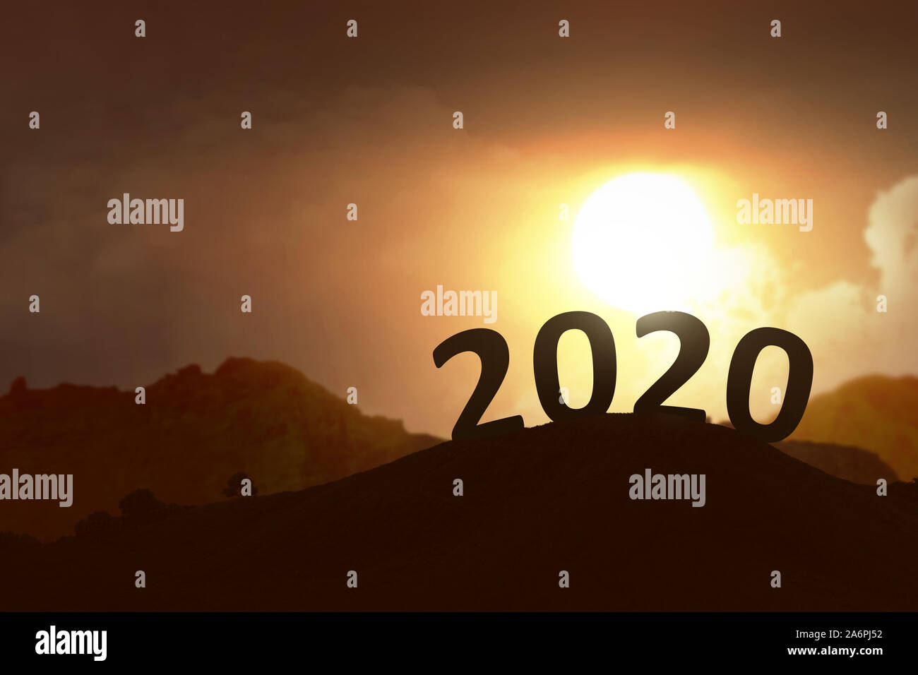 Silhouette of 2020 with a sunset sky background. Happy New Year 2020 ...
