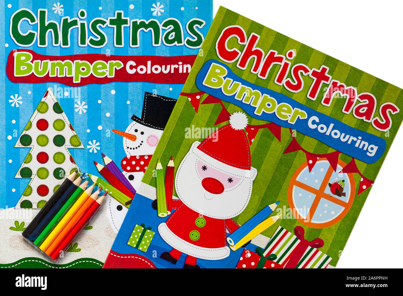 Christmas Bumper Colouring books with colouring pencils set on white ...