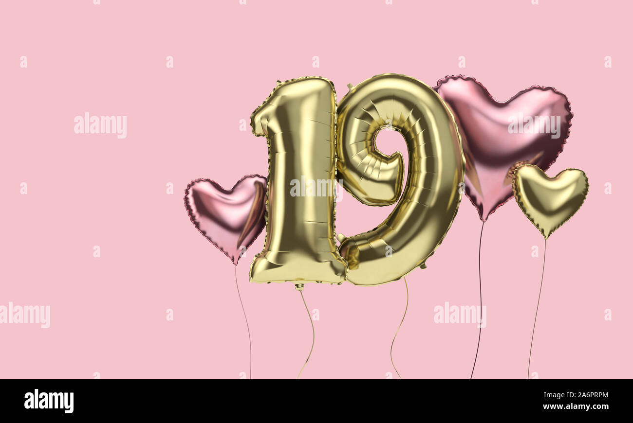 Happy 19th birthday party celebration balloons with hearts. 3D Render ...