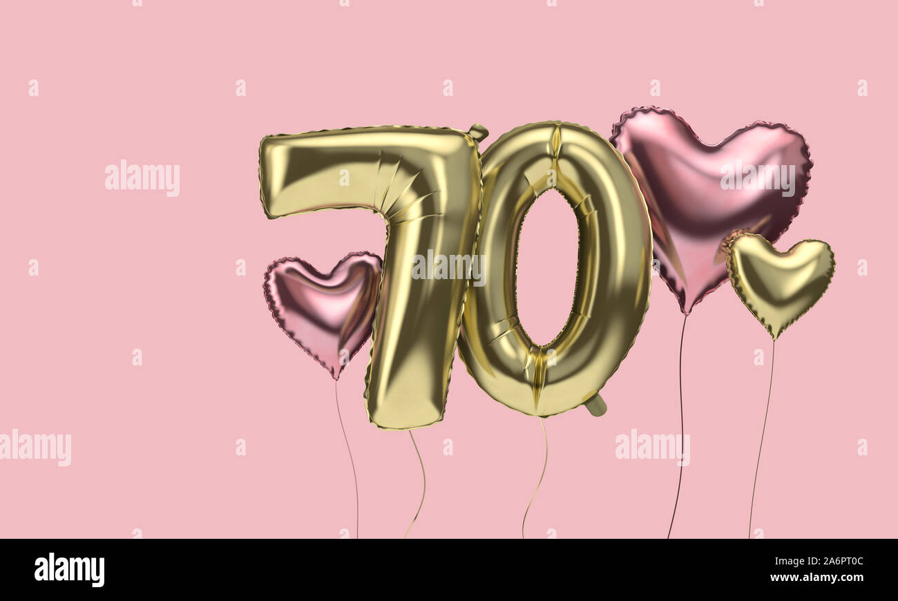 Happy 70th birthday party celebration balloons with hearts. 3D Render ...