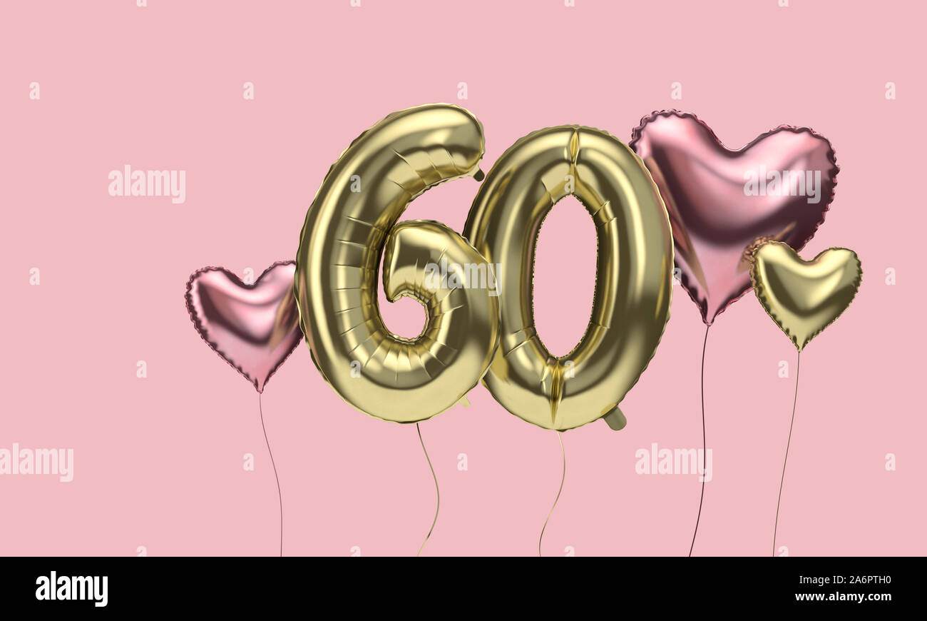 Happy 60th birthday party celebration balloons with hearts. 3D Render ...